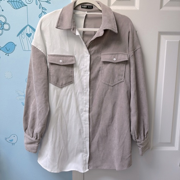 SHEIN | Tops | Shein Colorblock Corduroy Shacket Jacket Tan Gray White ...